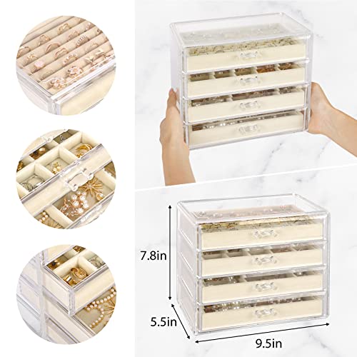 Mebbay Acrylic Jewelry Organizer, Clear Jewelry Box with 4 Drawers, Velvet Rings Earring Necklace Bracelet Display and Storage Case for Women, Beige