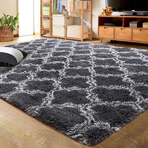 LOCHAS Luxury Shag Area Rug Modern Indoor Plush Fluffy Rugs, Extra Soft and Comfy Carpet, Geometric Moroccan Rugs for Bedroom Living Room Girls Kids Nursery, 5x8 Feet Dark Grey/White