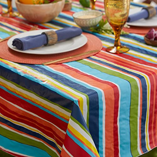 DII Vinyl Tabletop Collection Indoor/Outdoor Spill-Proof Flannel Backed Tablecloth, Rectangle, 60x102, Summer Stripe