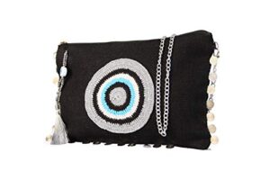 karens black-silver evil eye jute/burlap clutch bag beach bag zipper (w/chain)