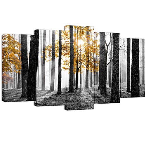 Visual Art Decor Large 5 Pieces Canvas Prints Yellow Tree in Black and White Sunshine Foggy Forest Picture Artwork Framed and Stretched Ready to Hang Modern Home Room Decoration L-60 XH-32(04 Forest)