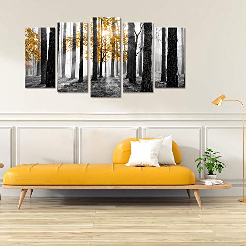 Visual Art Decor Large 5 Pieces Canvas Prints Yellow Tree in Black and White Sunshine Foggy Forest Picture Artwork Framed and Stretched Ready to Hang Modern Home Room Decoration L-60 XH-32(04 Forest)