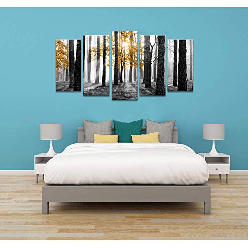 Visual Art Decor Large 5 Pieces Canvas Prints Yellow Tree in Black and White Sunshine Foggy Forest Picture Artwork Framed and Stretched Ready to Hang Modern Home Room Decoration L-60 XH-32(04 Forest)