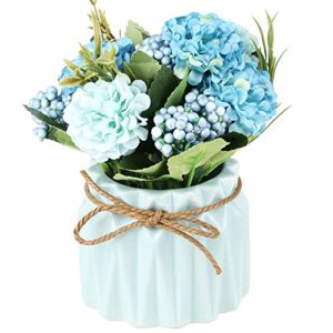 supniu artificial hydrangea bouquet with small ceramic vase fake silk variety flower balls flowers decoration for table home party office wedding (blue)