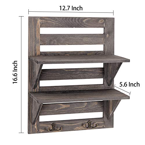 VERGOODR Rustic Wooden Wall Mounted Organizer Shelves with 2 Hooks, 2-Tier Storage Rack, Decorative Wall Shelf Organizer,Kitchen,Bathroom,livingroom Farmhouse Rustic Décor,Grey (Grey)