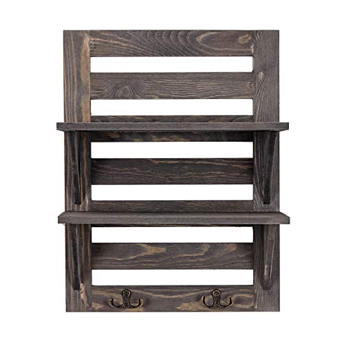 VERGOODR Rustic Wooden Wall Mounted Organizer Shelves with 2 Hooks, 2-Tier Storage Rack, Decorative Wall Shelf Organizer,Kitchen,Bathroom,livingroom Farmhouse Rustic Décor,Grey (Grey)