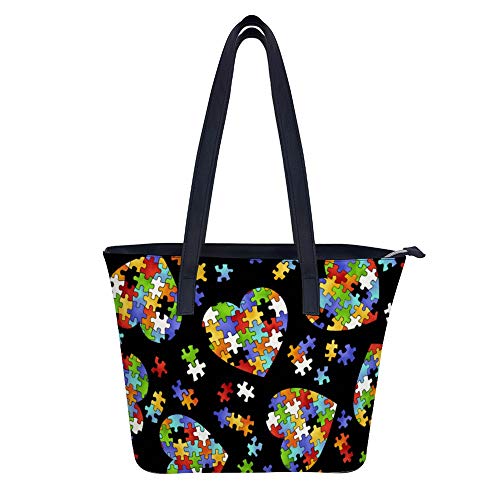 Funny Handbag Zipper Tote Bag Large Capacity Women Shoulder Bag for Daily Work School Business Travel (Colorful Autism Puzzle Pieces Heart)