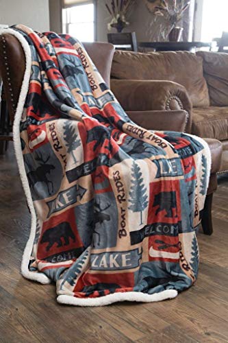 Carstens, Inc Lake House Rustic Cabin Sherpa Fleece Large Throw Blanket, 54" x 68", Blue