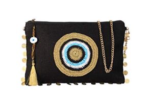 karens black-gold evil eye jute/burlap clutch bag zipper (w/chain)