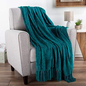 chenille throw blanket- for couch, home décor, bed, sofa & chair-oversized 60” x 70”- lightweight, 5” fringe, ultra-soft & shiny in lagoon teal by bedford home