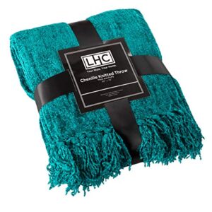 Chenille Throw Blanket- For Couch, Home Décor, Bed, Sofa & Chair-Oversized 60” x 70”- Lightweight, 5” Fringe, Ultra-Soft & Shiny in Lagoon Teal by Bedford Home