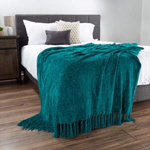 Chenille Throw Blanket- For Couch, Home Décor, Bed, Sofa & Chair-Oversized 60” x 70”- Lightweight, 5” Fringe, Ultra-Soft & Shiny in Lagoon Teal by Bedford Home