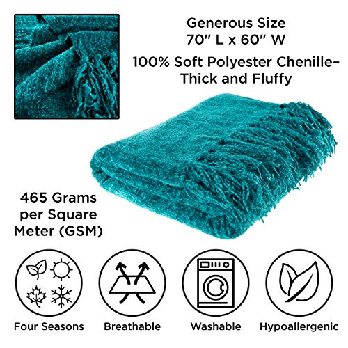 Chenille Throw Blanket- For Couch, Home Décor, Bed, Sofa & Chair-Oversized 60” x 70”- Lightweight, 5” Fringe, Ultra-Soft & Shiny in Lagoon Teal by Bedford Home