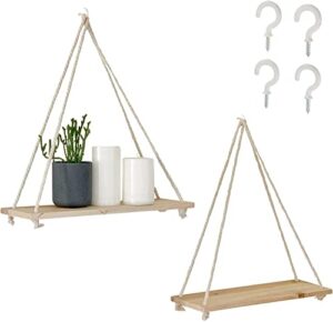 hanging shelves for wall [set of 2 w/ hooks] wooden shelf macrame rope, natural light reclaimed wood, boho decor triangle floating farmhouse rustic modern plant aesthetic, dorm living room bedroom