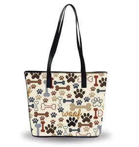 dog bones paw prints cream handbag water resistant shoulder bag bookbag for women teens, tote bag with inner pouch