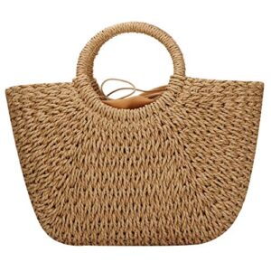 straw bag for women large woven bag round handle ring tote retro purse hobo summer beach bag (coyote brown)