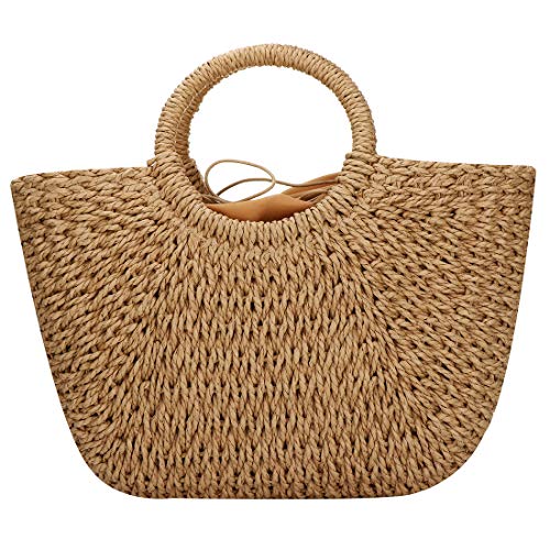 Straw Bag for Women Large Woven Bag Round Handle Ring Tote Retro Purse Hobo Summer Beach Bag (Coyote brown)