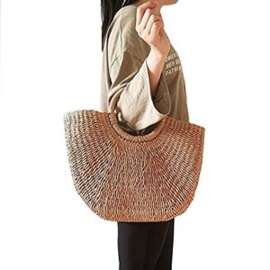 Straw Bag for Women Large Woven Bag Round Handle Ring Tote Retro Purse Hobo Summer Beach Bag (Coyote brown)