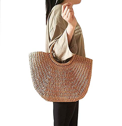 Straw Bag for Women Large Woven Bag Round Handle Ring Tote Retro Purse Hobo Summer Beach Bag (Coyote brown)