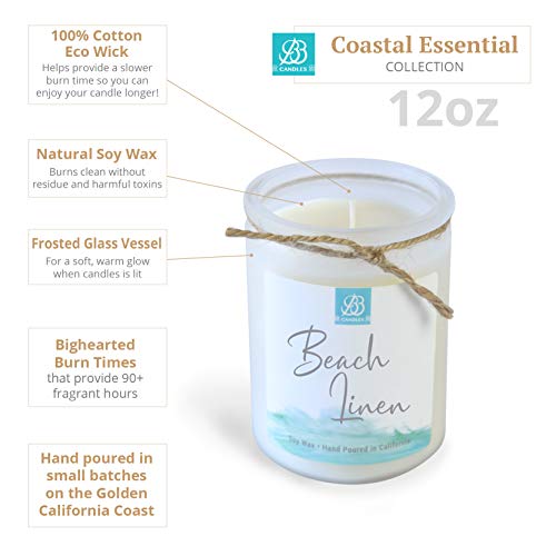 BB Candles Coastal Essentials Natural Soy Hand Poured Candle, Beach Linen Scent, Fragrant Coastal Candle with Strong Scents, Artisan Candle, 12oz, 90+ Hours Burn Time