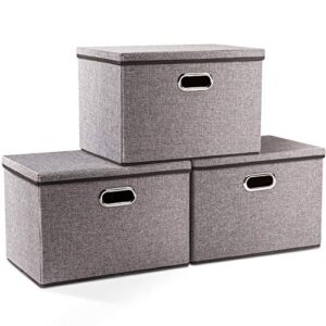 prandom large collapsible storage bins with lids [3-pack] linen fabric foldable storage boxes organizer containers baskets cube with cover for home bedroom closet office nursery (17.7×11.8×11.8)