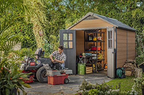 Keter Newton 7.5x9 Large Resin Outdoor Storage Shed Kit – Perfect to Store Patio Furniture, Garden Tools, Bike Accessories, and Lawn Mower, Mahogany Brown