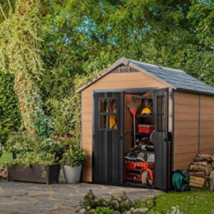 Keter Newton 7.5x9 Large Resin Outdoor Storage Shed Kit – Perfect to Store Patio Furniture, Garden Tools, Bike Accessories, and Lawn Mower, Mahogany Brown