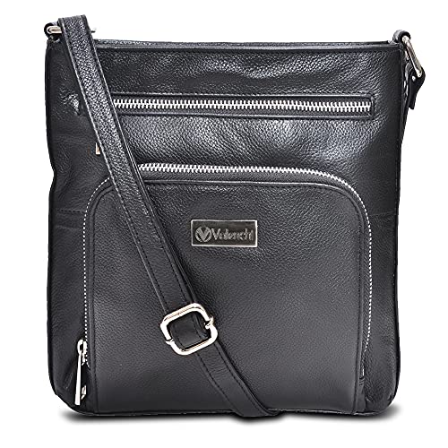 LEVOGUE Genuine Leather Front Pocket Zipper Crossbody Handbag for Women - Handmade by VALENCHI (Black Floater)