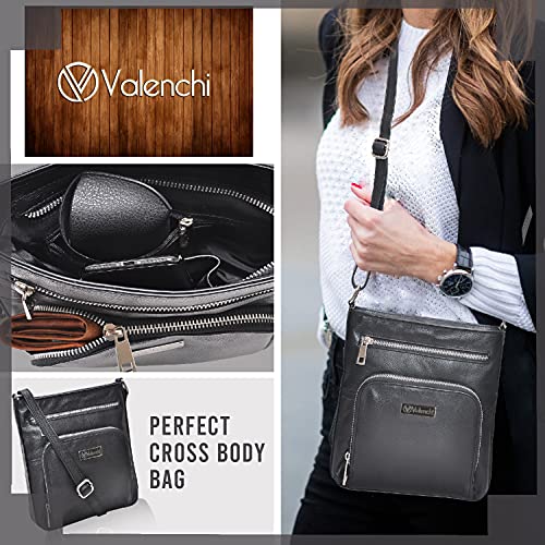 LEVOGUE Genuine Leather Front Pocket Zipper Crossbody Handbag for Women - Handmade by VALENCHI (Black Floater)