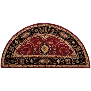 burgundy semicircle rug, dark red black border half circle hearth rug farmhouse theme, floral motif semi circle mat half moon area entryway hunting cabin lodge nature indoor beige, 2′ x 4′ wool