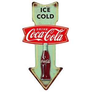 open road brands coca-cola ice cold arrow embossed metal sign – vintage diner coca-cola sign for kitchen or man cave