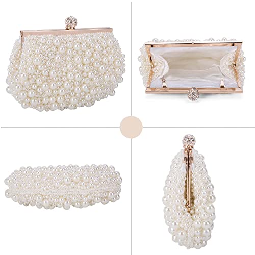 UBORSE Pearl Beaded Clutch Evening Bags for Women Formal Bridal Wedding Clutch Purse Prom Cocktail Party Handbags (One Size, White)