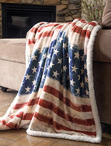 Carstens, Inc Carstens Wrangler Stars & Stripes USA American Flag Sherpa Fleece 54x68 Throw Blanket, 54" x 68", White