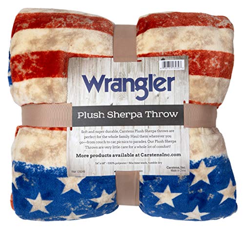 Carstens, Inc Carstens Wrangler Stars & Stripes USA American Flag Sherpa Fleece 54x68 Throw Blanket, 54" x 68", White