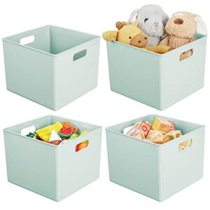 mdesign plastic deep home storage organizer basket bin, handles for cube furniture shelving in office, closet, bedroom, laundry room, nursery, kids toy room shelf, ligne collection, 4 pack, mint green