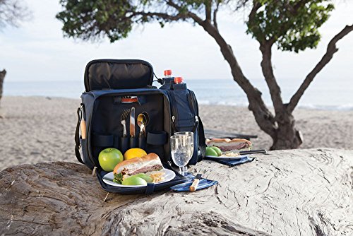 PICNIC TIME Malibu Cooler Picnic Basket, Insulated Cooler Tote with Picnic Set, (Navy Blue with Black Accents)