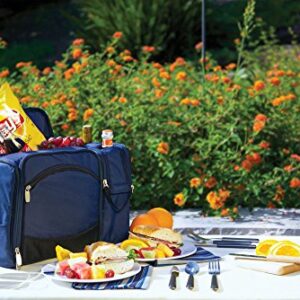 PICNIC TIME Malibu Cooler Picnic Basket, Insulated Cooler Tote with Picnic Set, (Navy Blue with Black Accents)