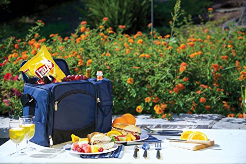 PICNIC TIME Malibu Cooler Picnic Basket, Insulated Cooler Tote with Picnic Set, (Navy Blue with Black Accents)