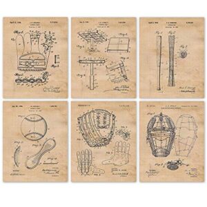 vintage baseball patent prints, 6 (8×10) unframed photos, wall art decor gifts under 25 for home office garage school gym college man cave student teacher coach champion team sports league fans