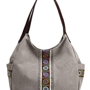 Worldlyda Women Canvas Hobo Purse Multi Pocket Tote Shopper Shoulder Bag Casual Top Handle handbag with Embroidery Ethnic Light Grey