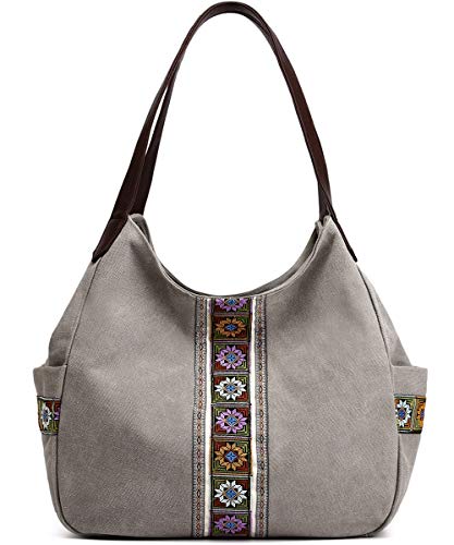 Worldlyda Women Canvas Hobo Purse Multi Pocket Tote Shopper Shoulder Bag Casual Top Handle handbag with Embroidery Ethnic Light Grey