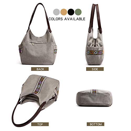 Worldlyda Women Canvas Hobo Purse Multi Pocket Tote Shopper Shoulder Bag Casual Top Handle handbag with Embroidery Ethnic Light Grey