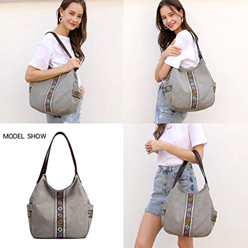 Worldlyda Women Canvas Hobo Purse Multi Pocket Tote Shopper Shoulder Bag Casual Top Handle handbag with Embroidery Ethnic Light Grey