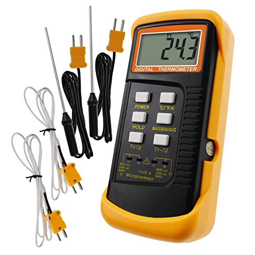 Digital 2 Channels K-Type Thermometer w/ 4 Thermocouples (Wired & Stainless Steel), -50~1300°C (-58~2372°F) Handheld Desktop High Temperature Kelvin Scale Dual Measurement Meter Sensor