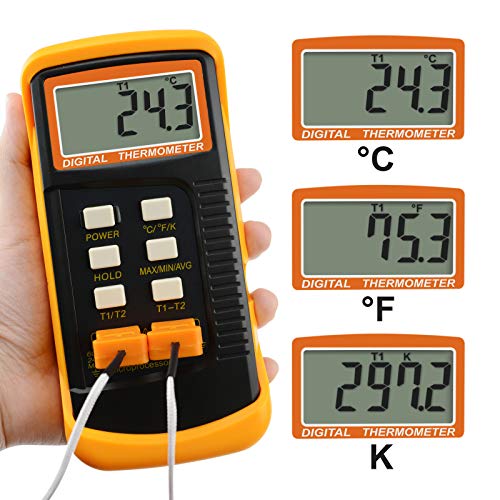 Digital 2 Channels K-Type Thermometer w/ 4 Thermocouples (Wired & Stainless Steel), -50~1300°C (-58~2372°F) Handheld Desktop High Temperature Kelvin Scale Dual Measurement Meter Sensor