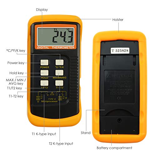 Digital 2 Channels K-Type Thermometer w/ 4 Thermocouples (Wired & Stainless Steel), -50~1300°C (-58~2372°F) Handheld Desktop High Temperature Kelvin Scale Dual Measurement Meter Sensor