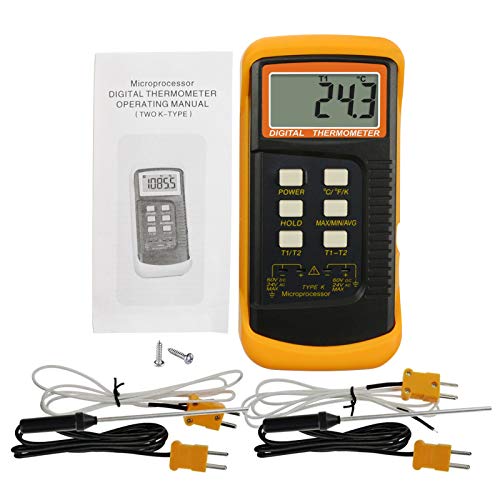 Digital 2 Channels K-Type Thermometer w/ 4 Thermocouples (Wired & Stainless Steel), -50~1300°C (-58~2372°F) Handheld Desktop High Temperature Kelvin Scale Dual Measurement Meter Sensor