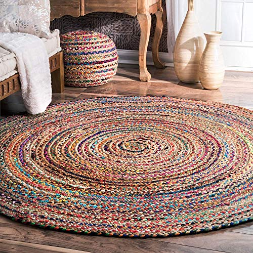 Indian Handmade Hand Braided Bohemian Reversible Colorful Cotton Round Yoga Mat Chindi Jute Bath Rug (24 inch) (2 feet Dia.)