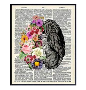 flower brain dictionary art print – vintage upcycled wall art poster – chic modern home decor for bedroom, bathroom, living room – a great gift for women and steampunk fans – 8×10 photo – unframed