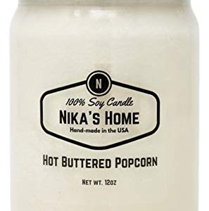 Nika's Home Hot Buttered Popcorn Soy Candle 12oz Mason Jar Non-Toxic White Soy Candle Handmade, Long Burning 50-60 Hours Highly Scented All Natural, Clean Burning Candle Gift Décor